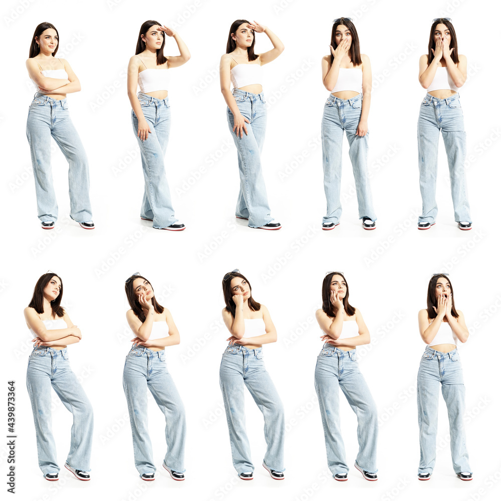 Collection of young street style woman shocked and looking away ...