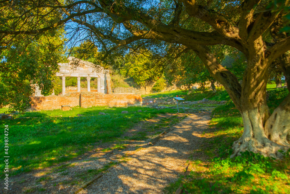 APOLLONIA, ALBANIA: Ancient Greek temple with white columns in the city ...