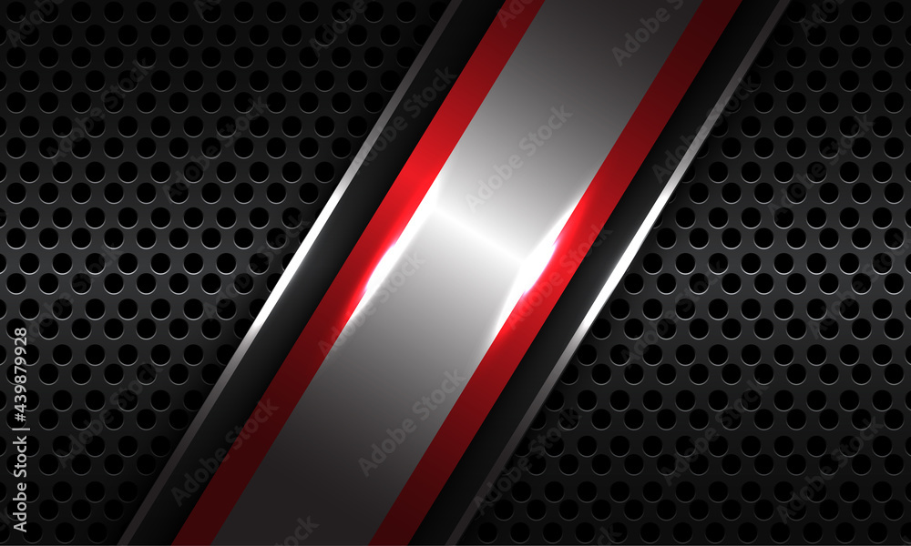 Abstract silver red line slash over lab on dark grey metallic circle ...