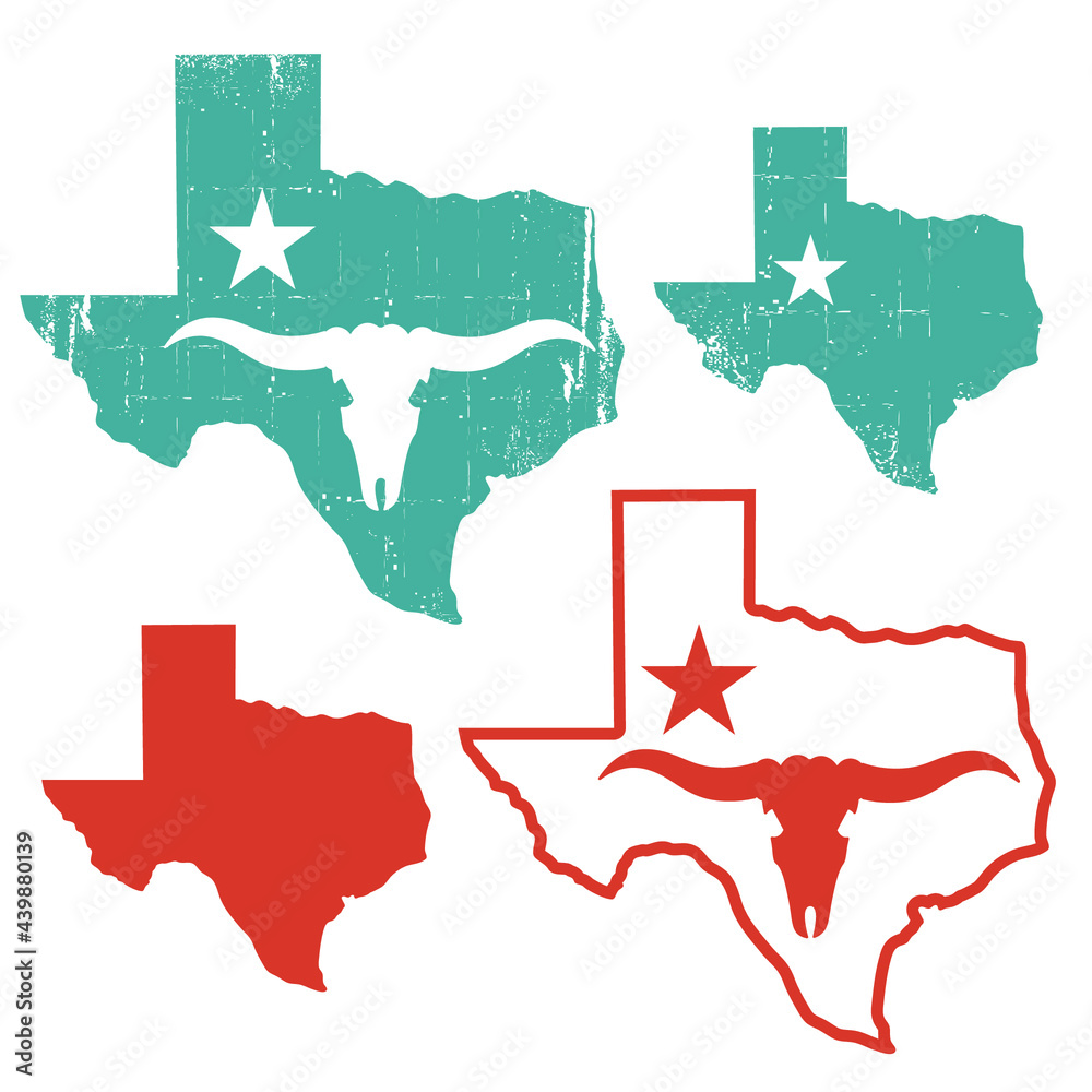 Texas set maps silhouette with bull skull and symbol star. Vector ...
