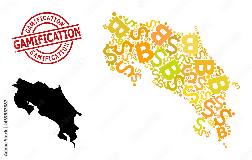 Distress Gamification badge, and currency mosaic map of Costa Rica. Red ...