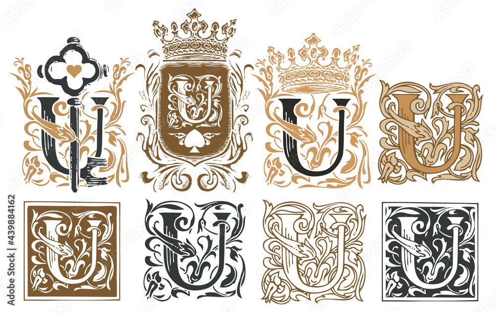 Set of ornate initial letters U with decorations in vintage style ...