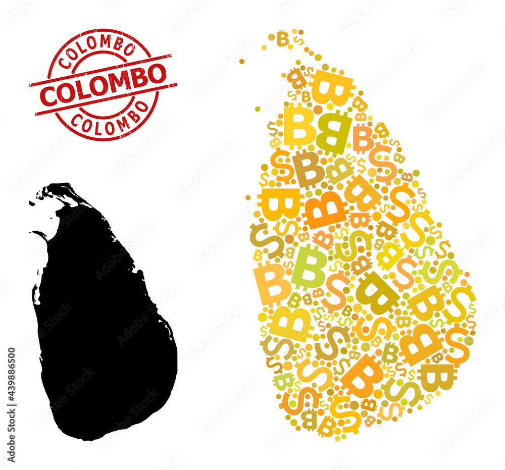 Textured Colombo badge, and banking collage map of Sri Lanka. Red round ...