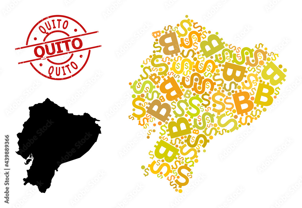 Scratched Quito stamp seal, and money collage map of Ecuador. Red round ...