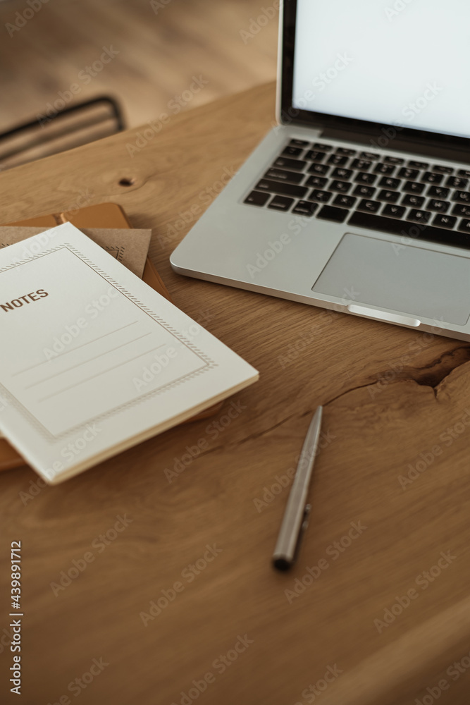 Working at home concept. Aesthetic minimalist workspace background ...