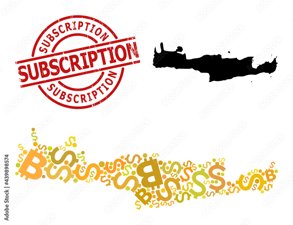 Grunge Subscription stamp, and bank mosaic map of Crete Island. Red ...