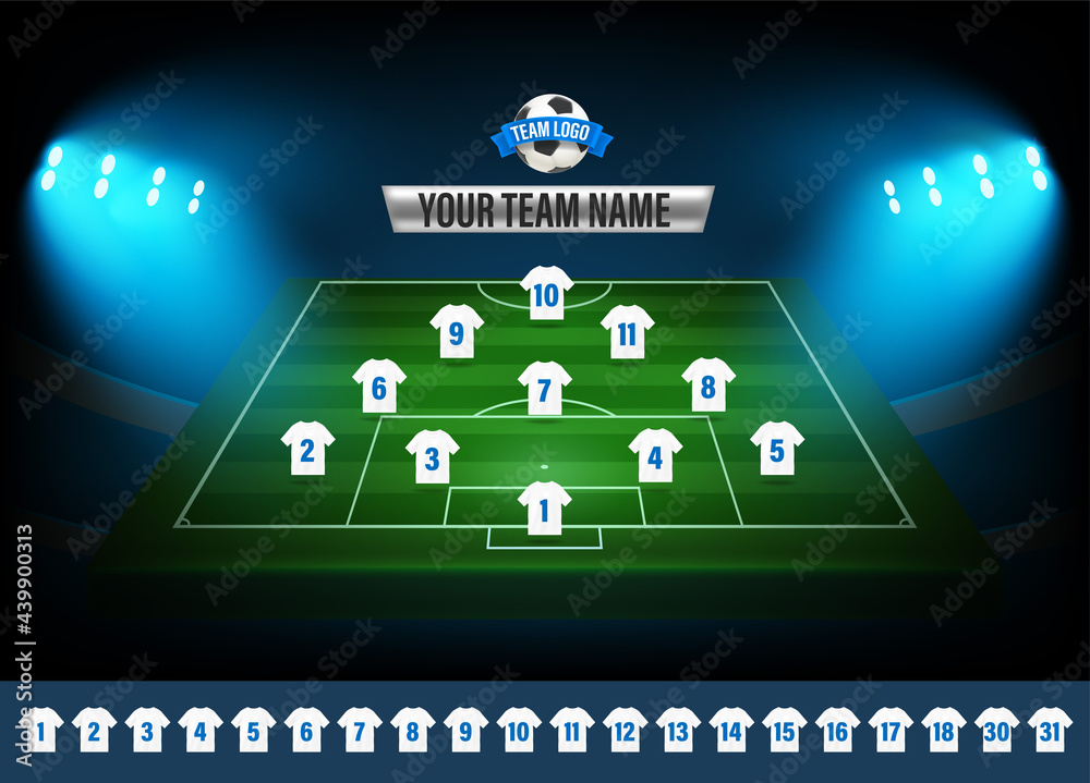 Soccer team formation template. Illuminated football stadium with ...