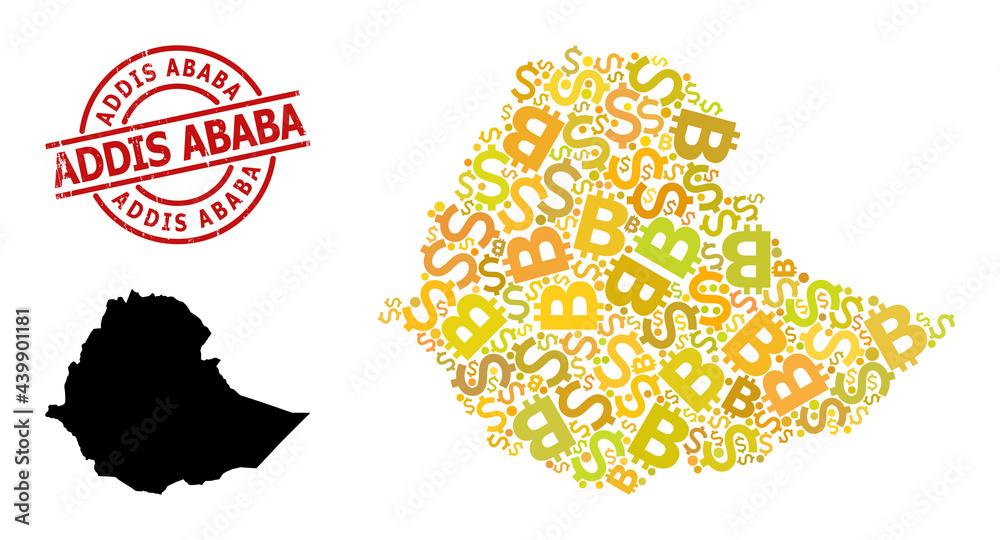 Distress Addis Ababa stamp, and finance collage map of Ethiopia. Red ...