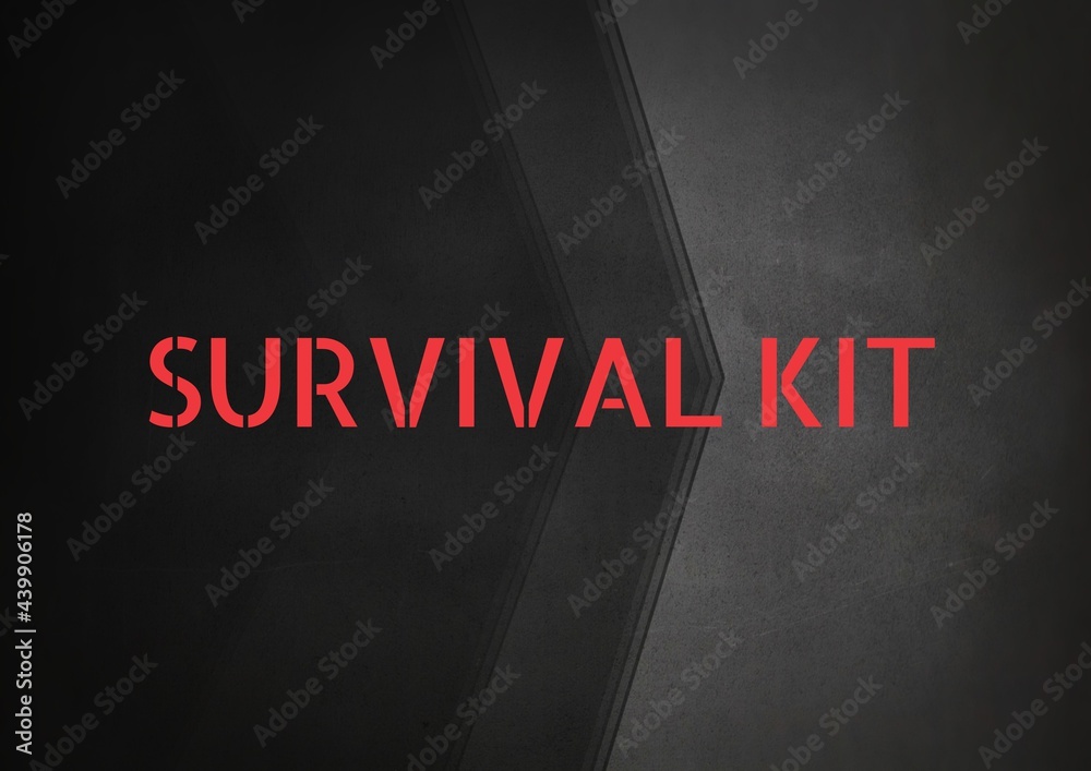 Composition of survival kit text in red over black and dark grey ...