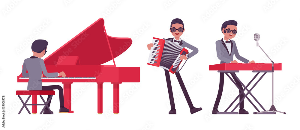 Musician, jazz, rock and roll man playing professional keyboard ...