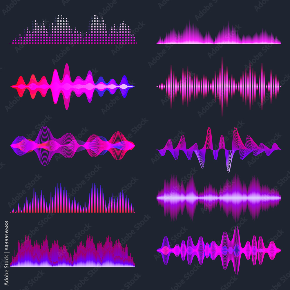 Colorful sound waves collection. Analog and digital audio signal. Music ...
