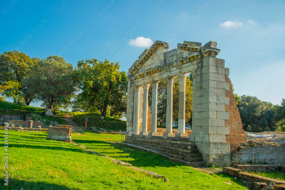 APOLLONIA, ALBANIA: Ancient Greek temple with white columns in the city ...
