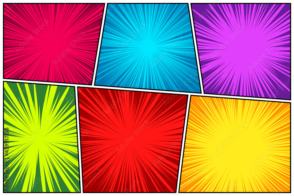 Comic book colorful radial lines collection. Cartoon comics background ...