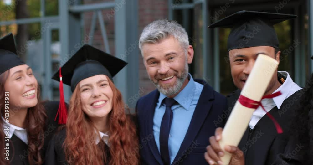 Waist up portrait view of the happy students embracing with their ...