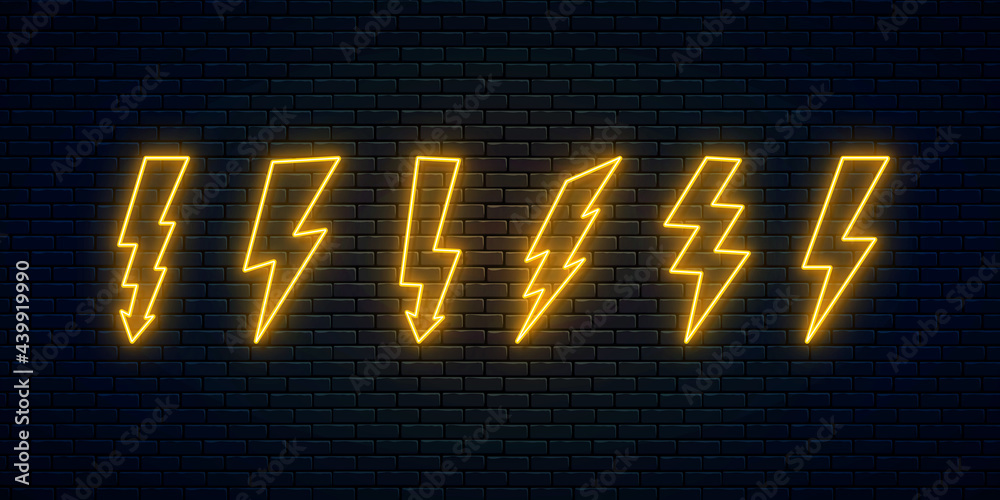 Neon lightning bolt set. Electric discharge neon symbols collection ...
