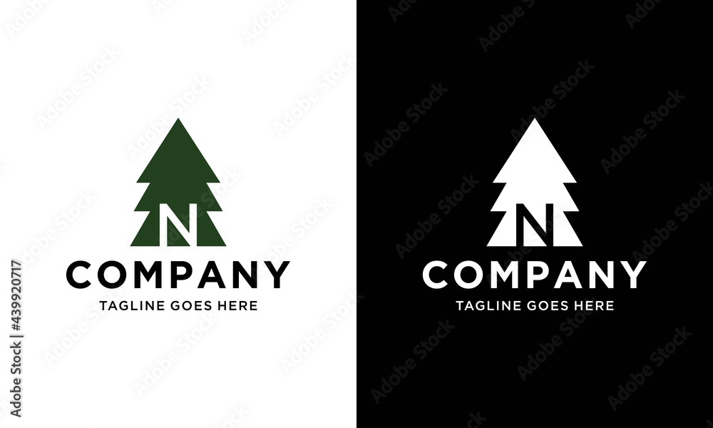 letter N initial and negative space pine tree logo icon vector ...