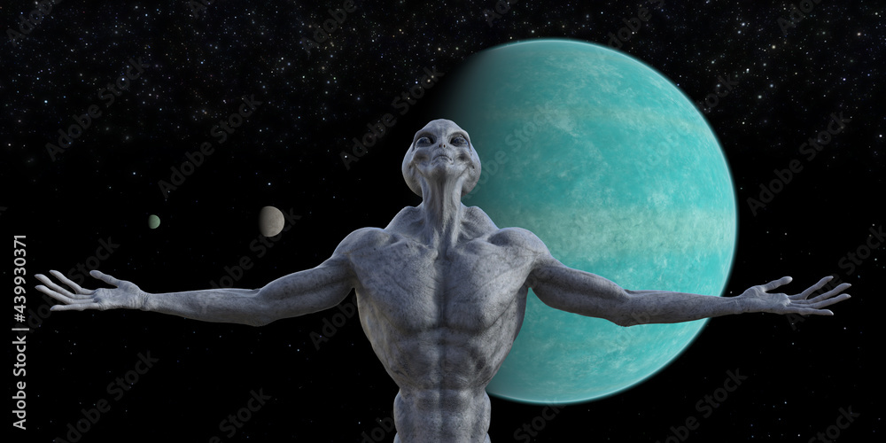 Illustration of the upper body of a muscled grey alien standing with ...