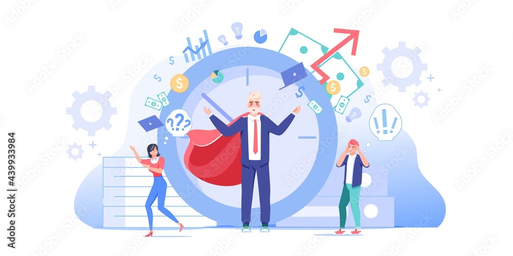 Vector cartoon flat superhero worker character performs work tasks ...