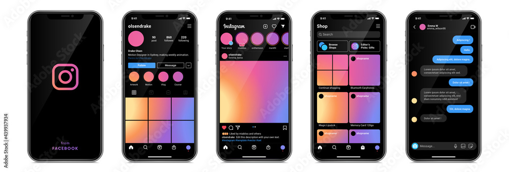 Editable Instagram template on smartphone, dark mode set. Isolated ...