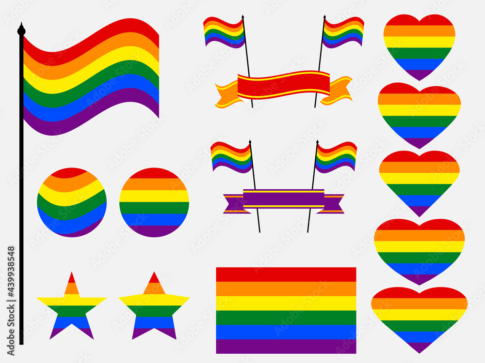 Collection of LGBT symbols. Hearts, stars and circles with rainbow LGBT ...