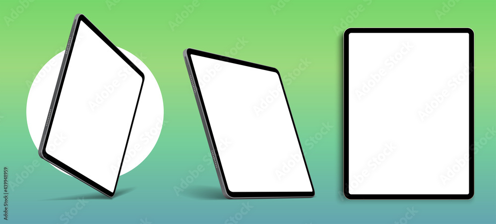 Blank screen realistic tablet frame, rotated position, side view, top ...