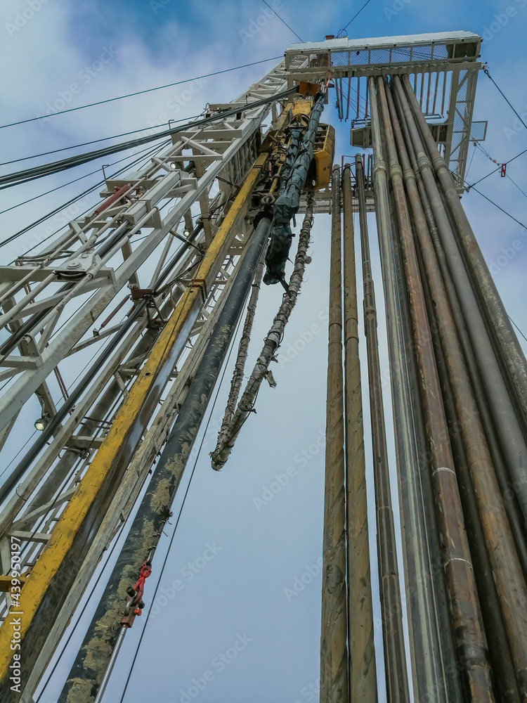 Drilling rig for drilling oil and gas. Inside view. There are drill ...