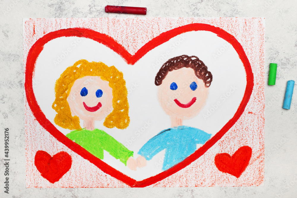Colorful drawing: Man and woman holding heands in big red heart. Couple ...