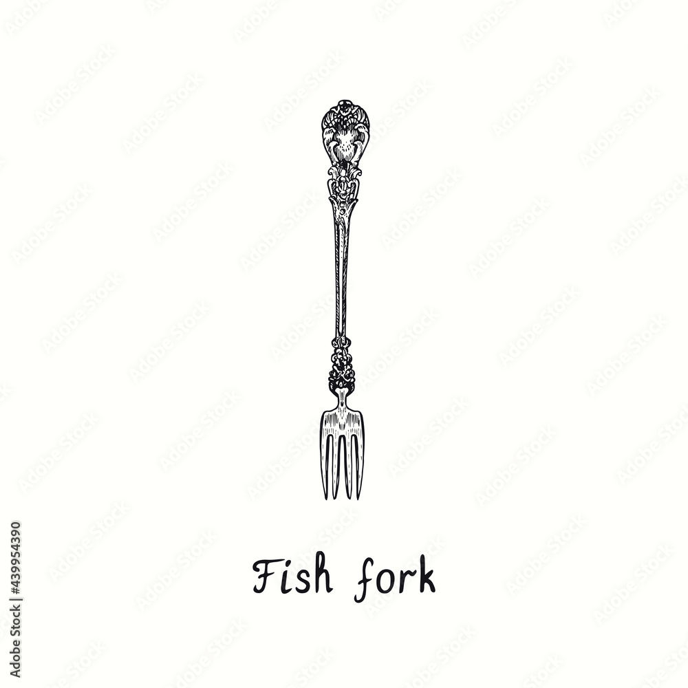Fish fork with retro style decor. Ink black and white drawing woodcut ...