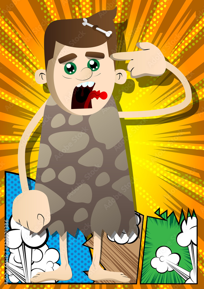 Cartoon prehistoric man puting an imaginary gun to his head. Vector ...