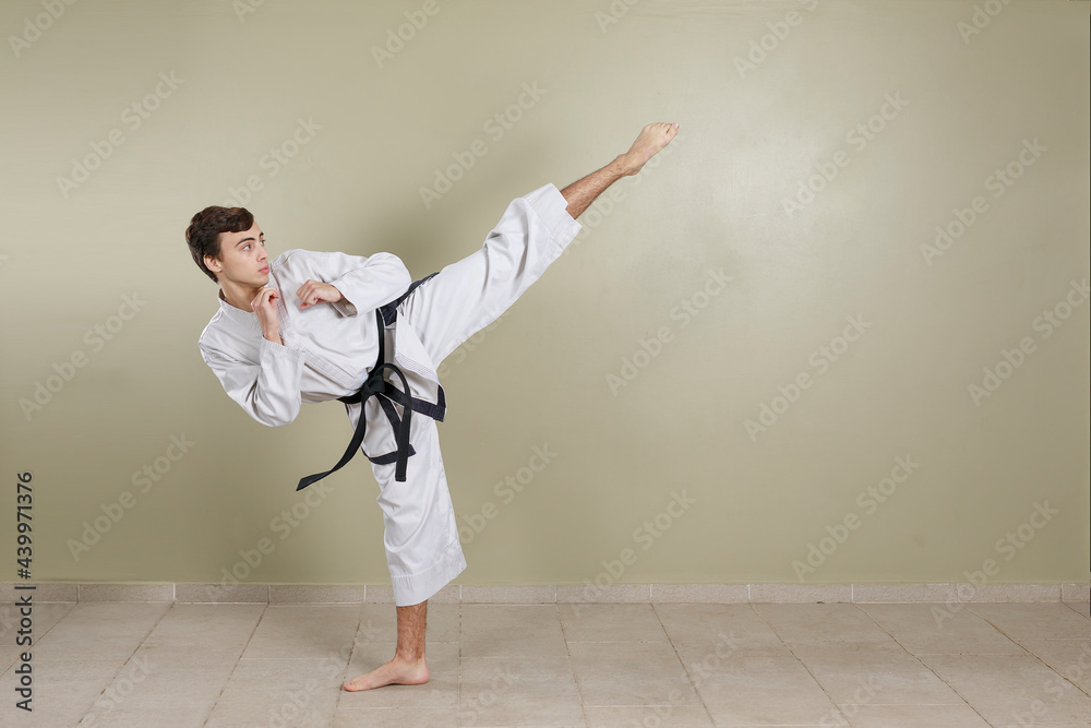 Young caucasian male performing taekwondo side kick. Dressed in a dobok ...