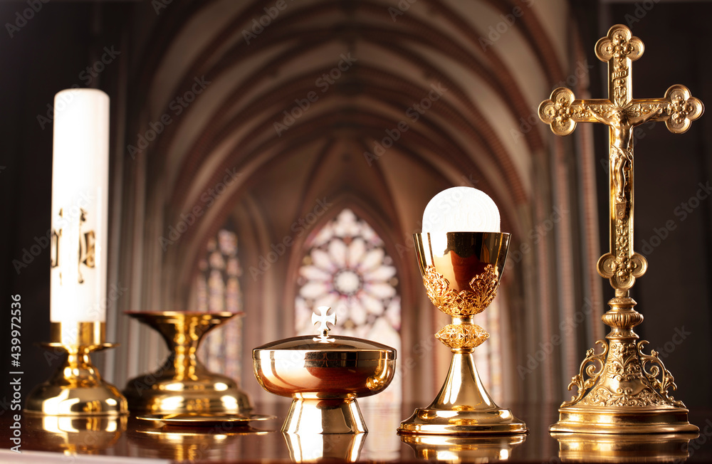 First Holy Communion. Catholic religion theme. Crucifix, the Cross and ...
