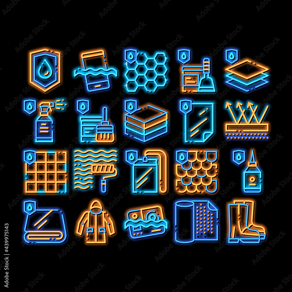Waterproof Materials neon light sign vector. Glowing bright icon ...