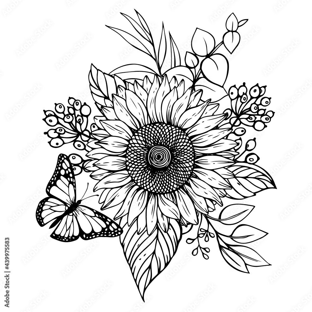 Beautiful vector bouquet with a butterfly of sunflowers sketch style ...