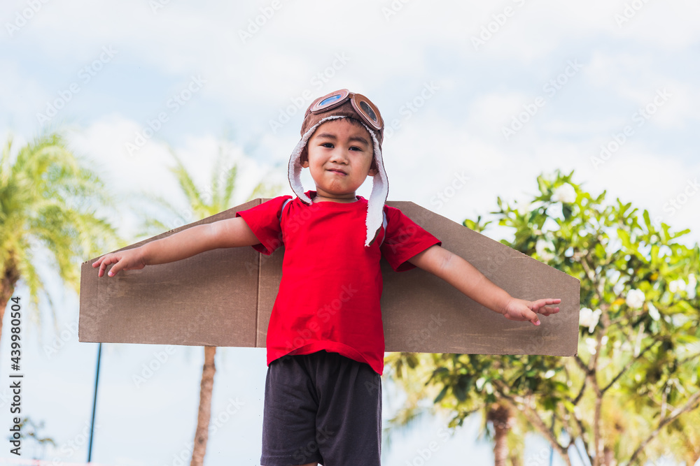 Happy Asian funny child or kid little boy smile wear pilot hat and ...