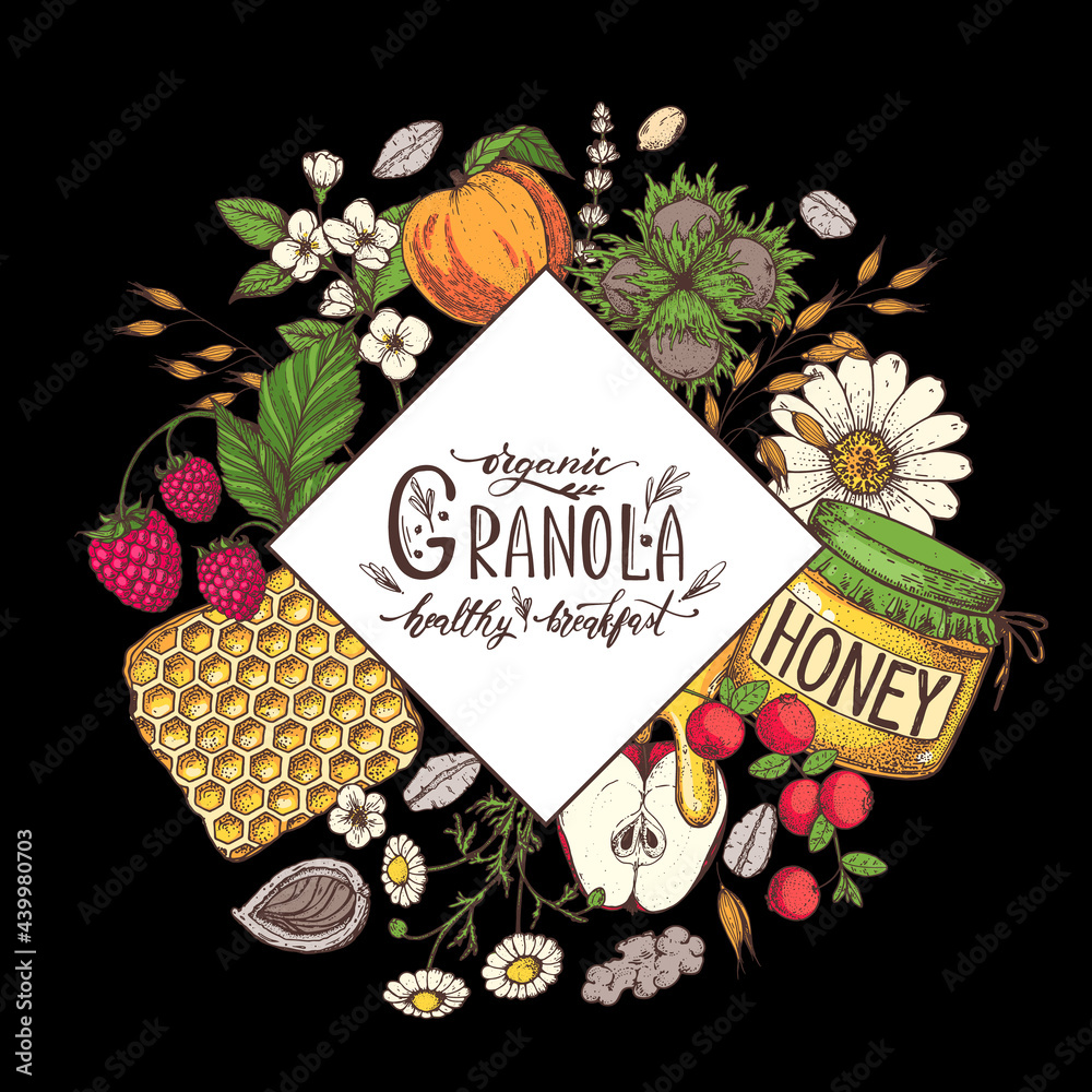 Granola sketch illustration. Breakfast label. Oat flakes , berries ...