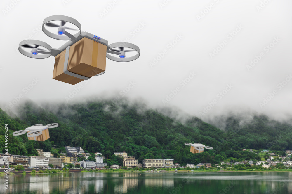 Drone flying with a delivery box package in a city,3d rendering ...