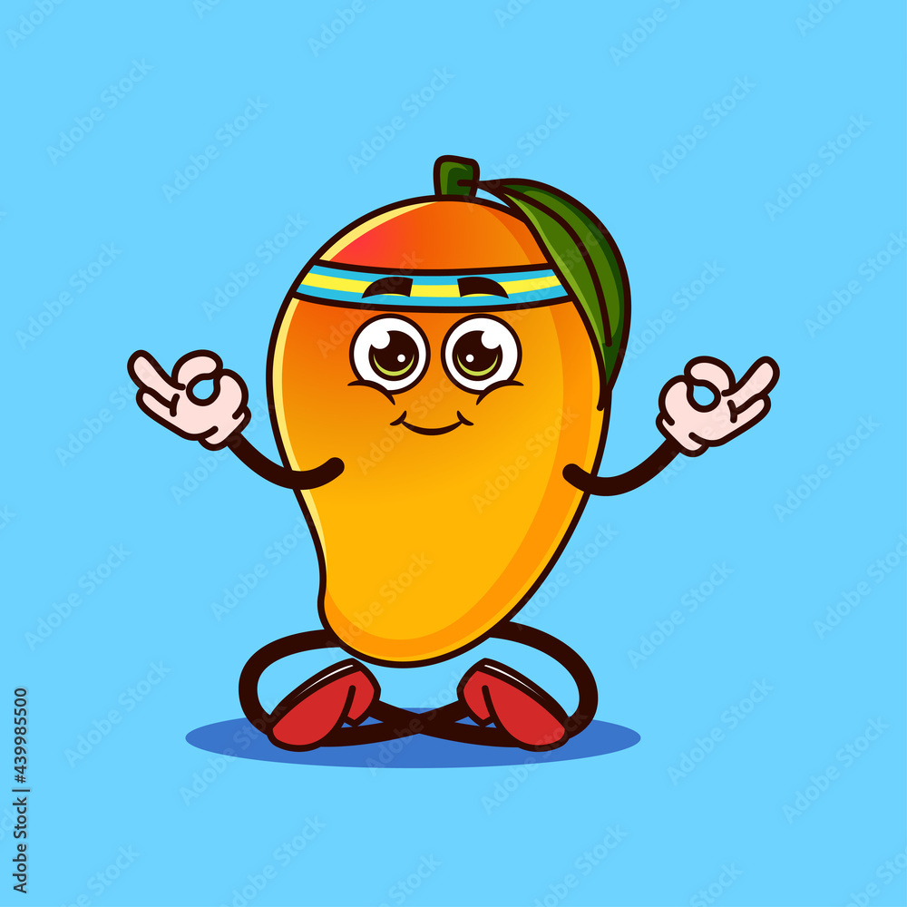 Vetor de Cute Mango fruit character Meditation. Fruit character icon ...