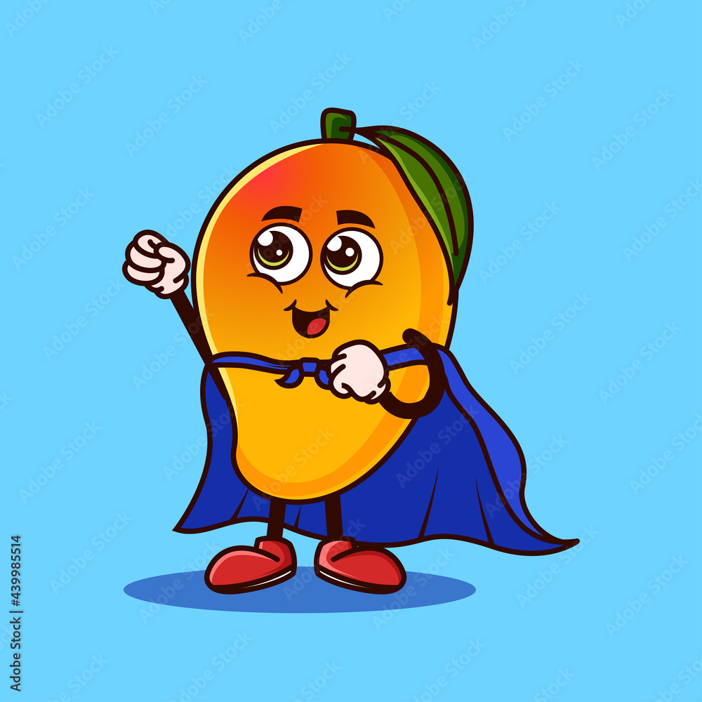 Cute Mango fruit character with Super hero costume and try to fly ...