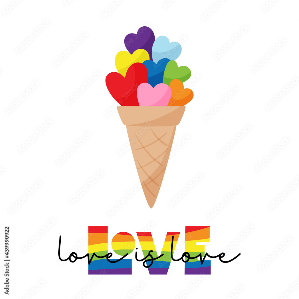 Ice cream sticker with hearts in LGBT rainbow colors. The striped word ...
