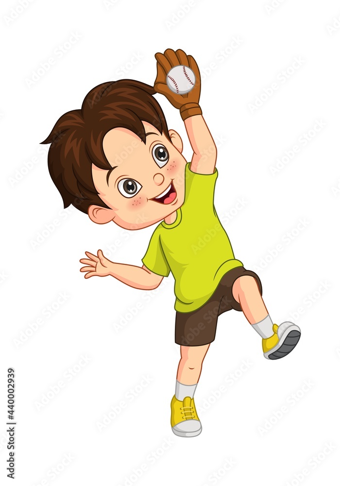 Cartoon little boy catching a ball Stock Vector | Adobe Stock