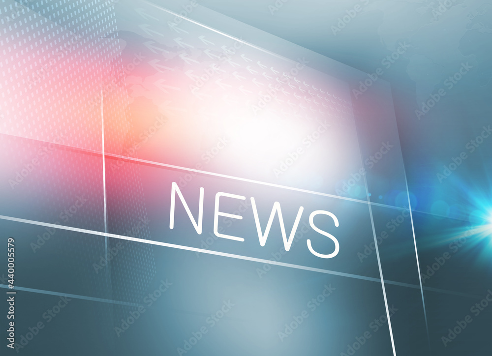 3D rendering of a big flat TV Screen with news text, with a lens flare ...