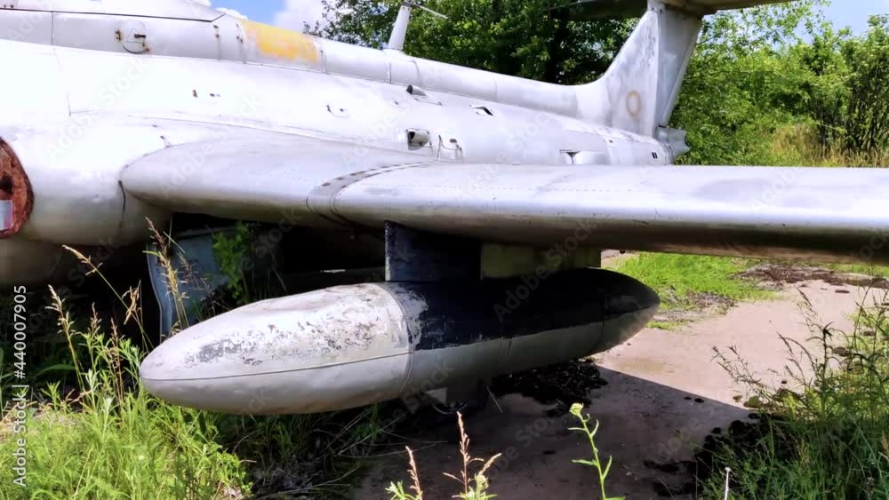 A close-up of an old wrecked passenger plane that has been ...