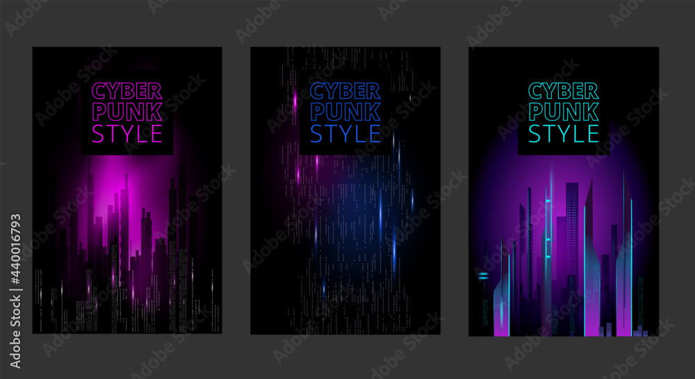 A set of images with data streams like a dark city move against a dark ...