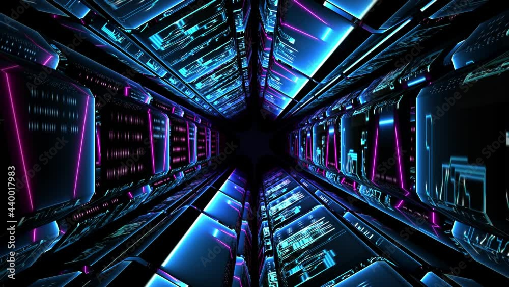 Abstract technological background 3D animation, moving through a ...