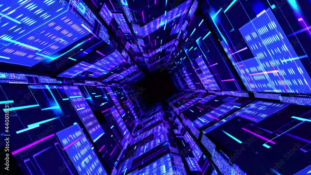 Abstract technological background 3D animation, moving through a ...