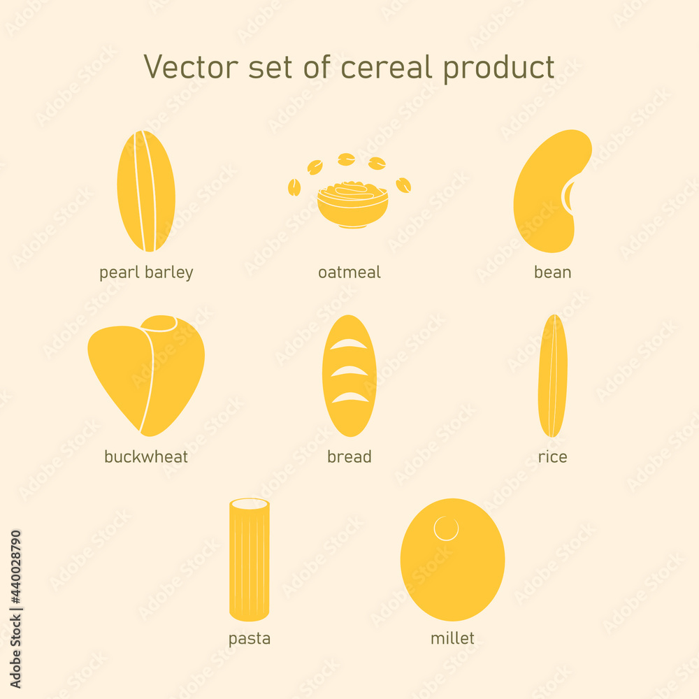Vector set of cereal products. Collection of icons pearl barley ...