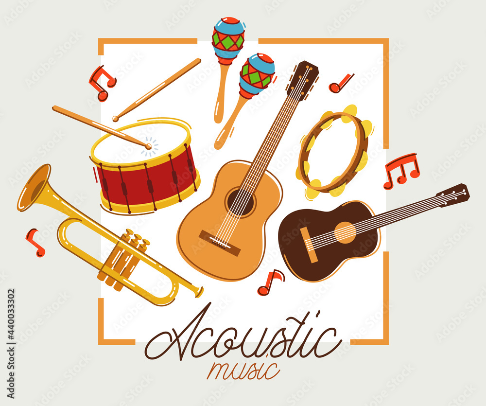 Acoustic music instruments poster vector flat illustration isolated on ...