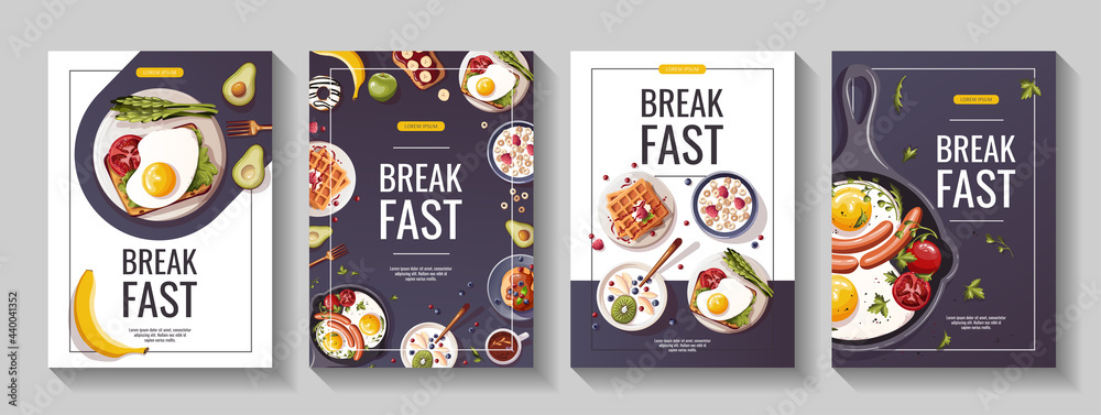 Set of promo flyers for Healthy eating, nutrition, cooking, breakfast ...