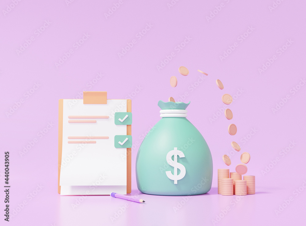 Checklist on clipboard paper and money bag green. tick check ...