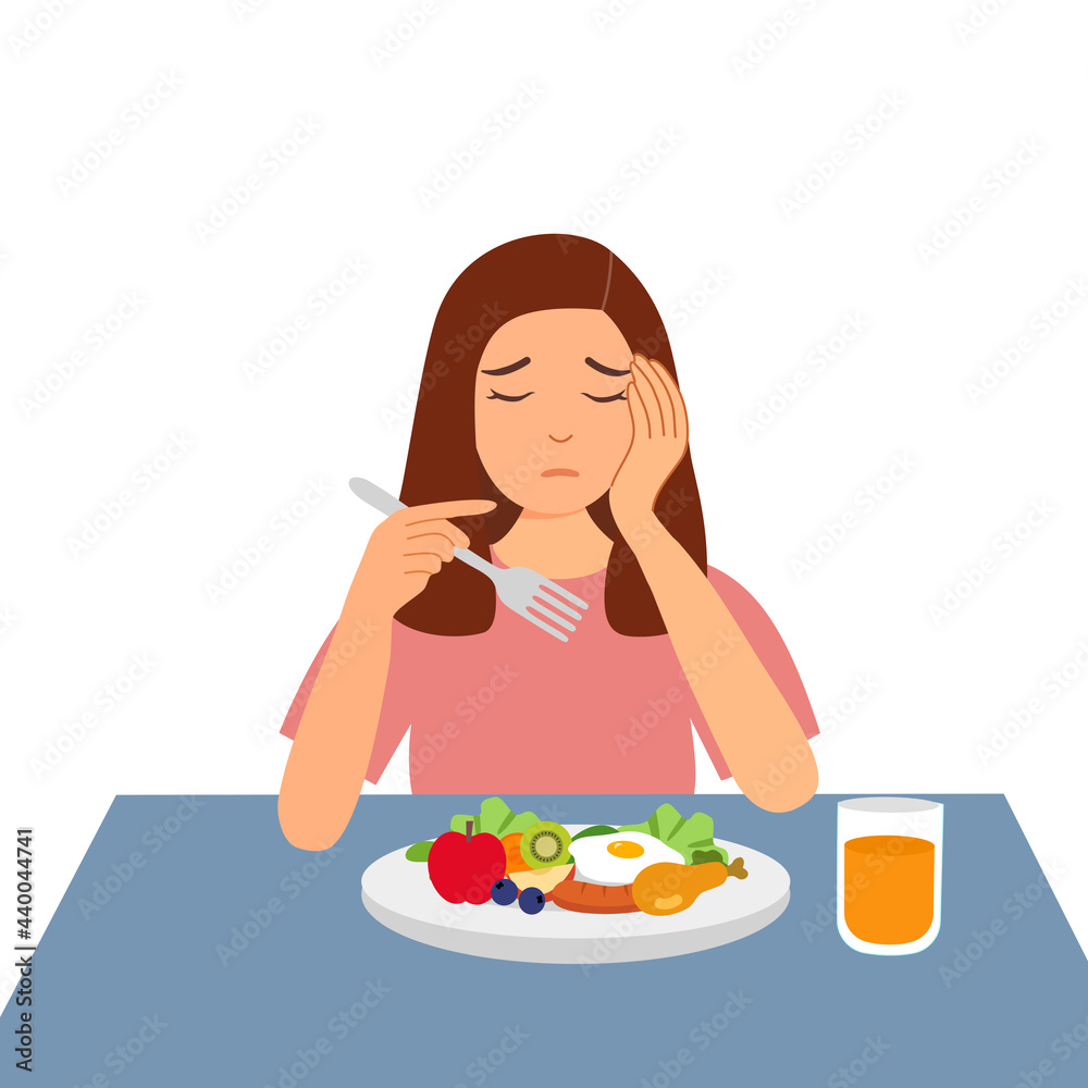 Woman feel not hungry concept vector illustration on white background ...